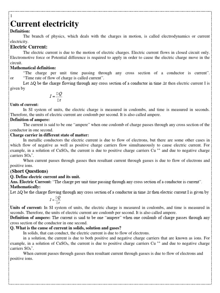 Current Electricity (Short Questions + Topics) 23.9.22 | PDF | Electric ...