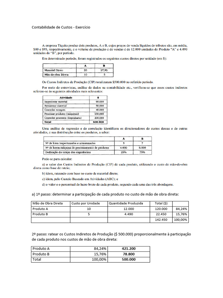 Exercício Proposto - Custeio Baseado em Atividades (ABC) - Abordagem Inicial - CAP 8 (Eliseu ...