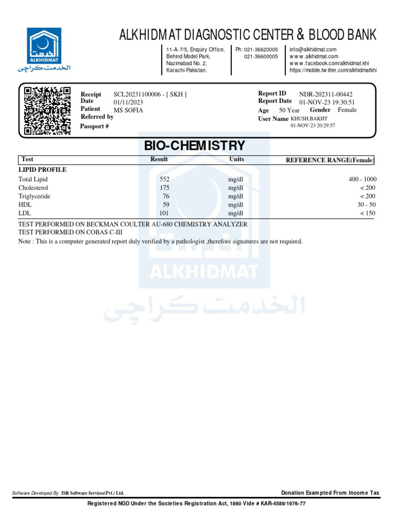 Lipid Profile Report - Alkhidmat Diagnostic Center | PDF | Clinical ...