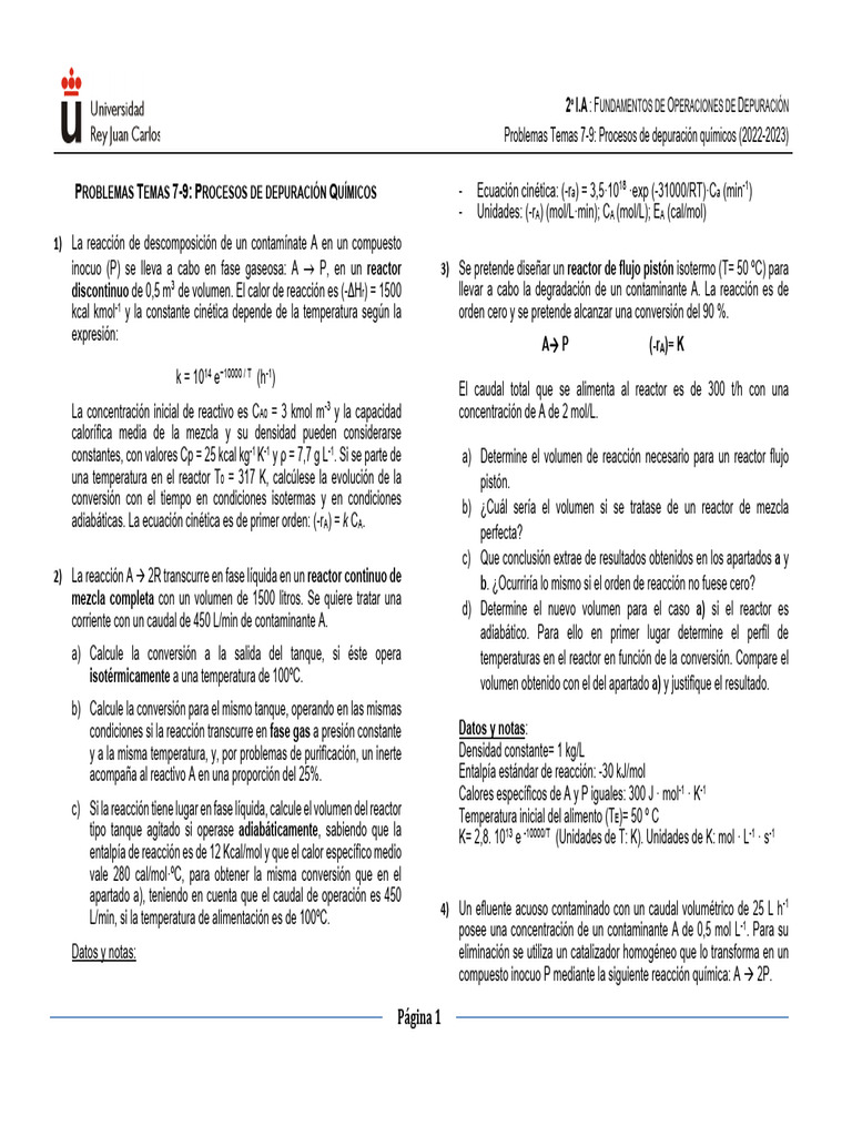 Problemas Tema 7 - REACTORES QUÍMICOS Enunciados (2022-2023) | PDF | Reactor Quimico | Cinética ...