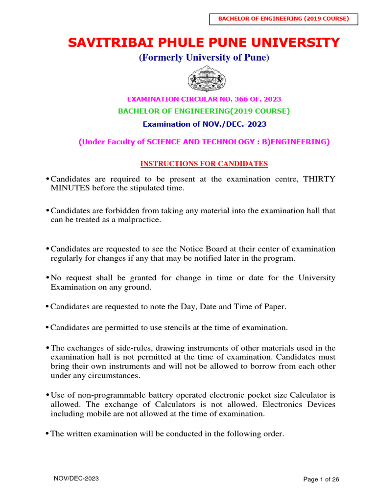 B.E. 2019 Pattern Endsem Exam Timetable For Nov - Dec. 2023 | PDF ...