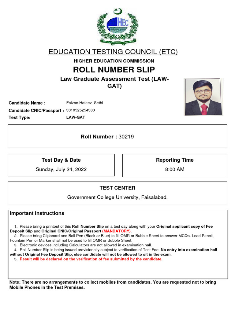 LAW-GAT Roll Number Slip Instructions | PDF