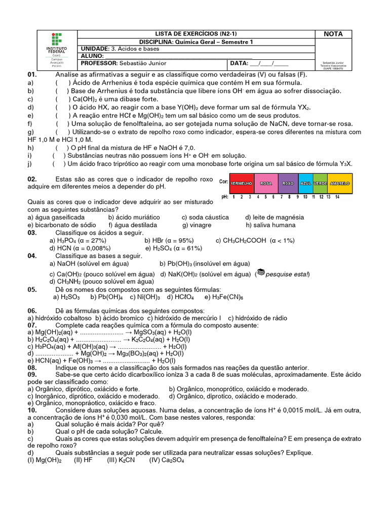 Exercícios da Unidade 3 - Ácidos e bases | PDF | Ácido | Sal (Química)