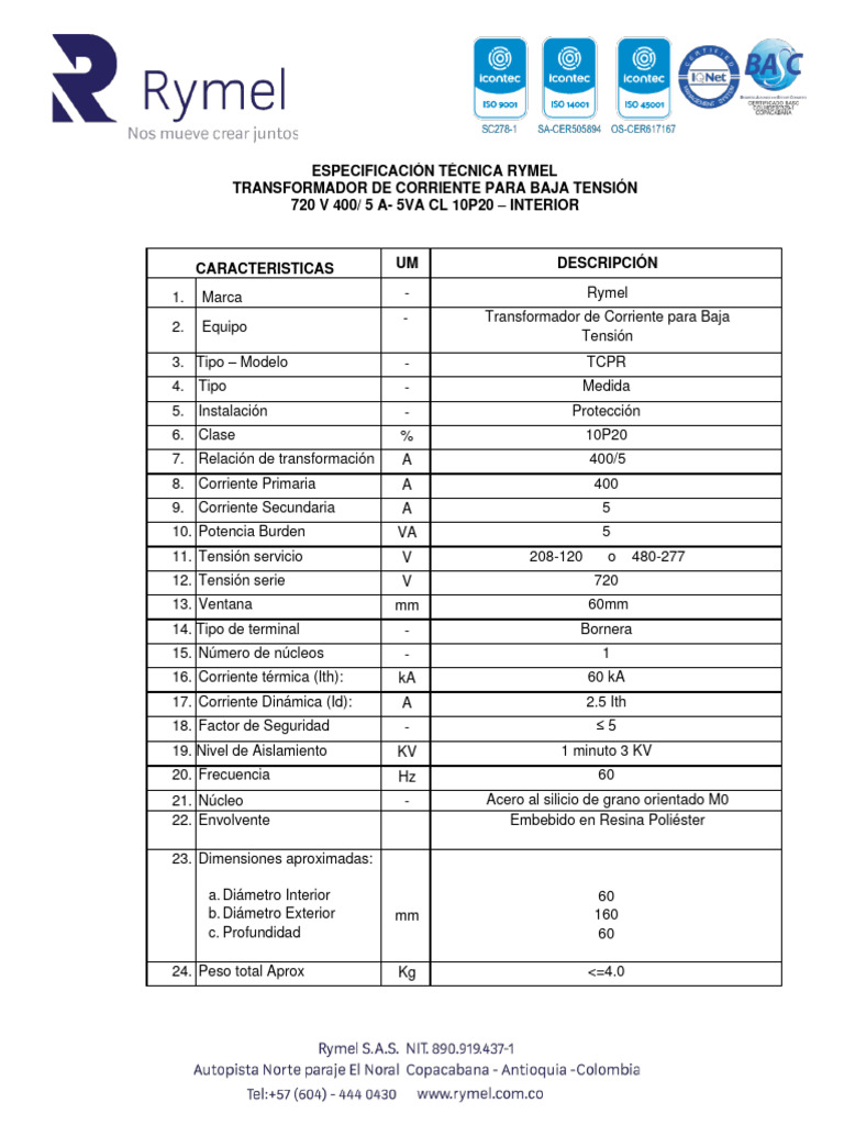 2.1 Toroide de FT TCPR 400-5 A 5VA CL 10P20 | PDF | Transformador ...