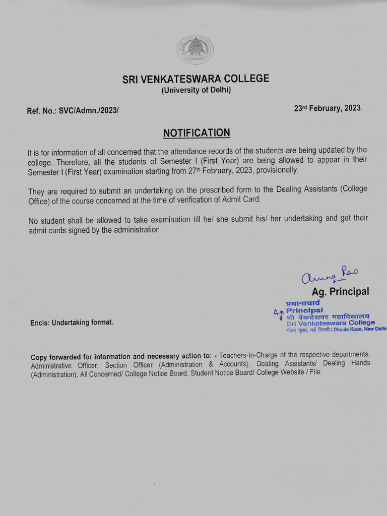 Attendance Notification Undertaking First Year Sem I | PDF