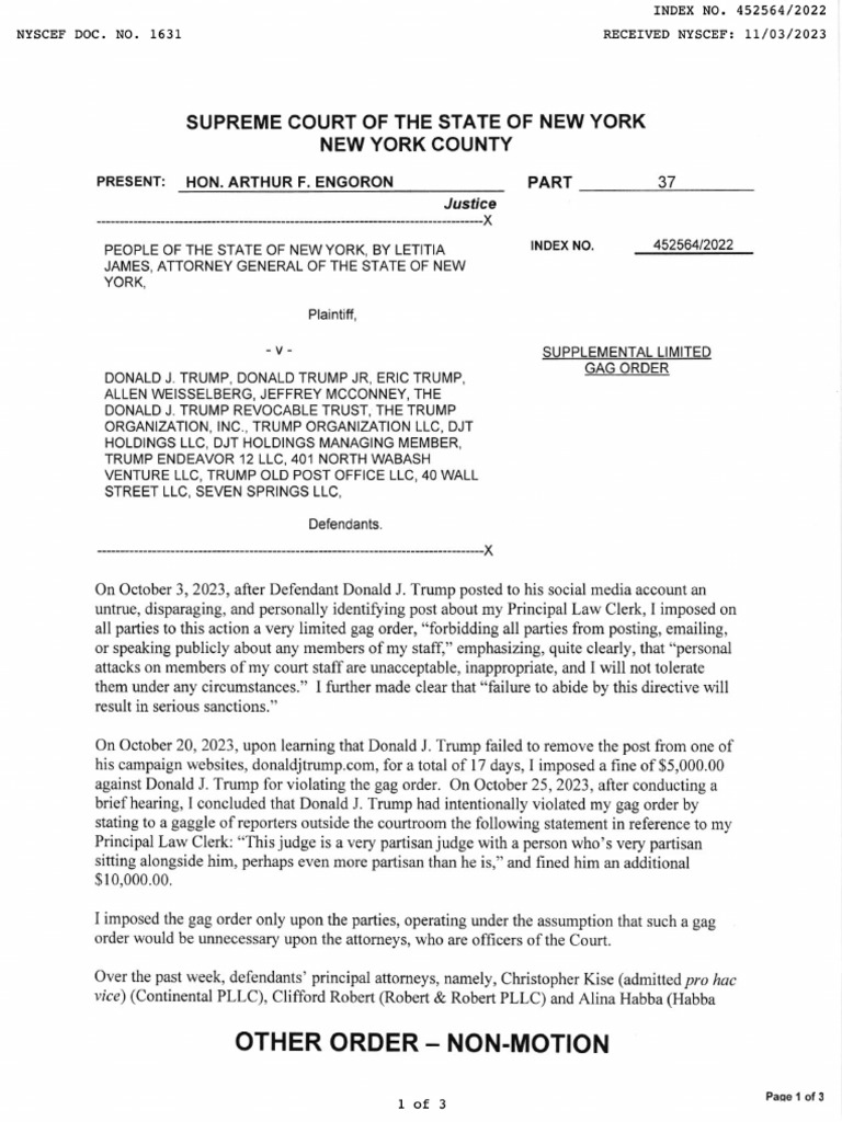 NY Gag Order Against Trump Defendants | PDF | Law Clerk | Donald Trump