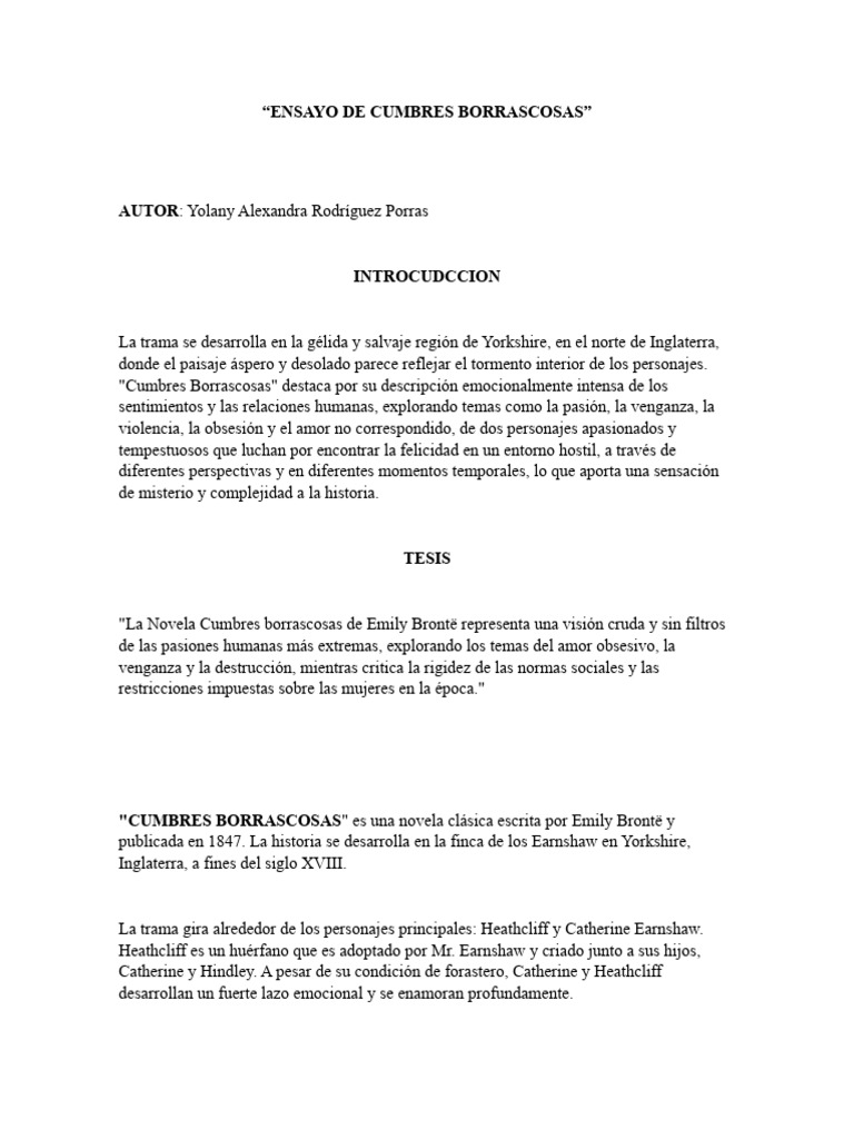 Ensayo de Cumbre Borrascosas | PDF | cumbres borrascosas | Heathcliff ... Ensayo de Cumbre Borrascosas | PDF | cumbres borrascosas | Heathcliff ...