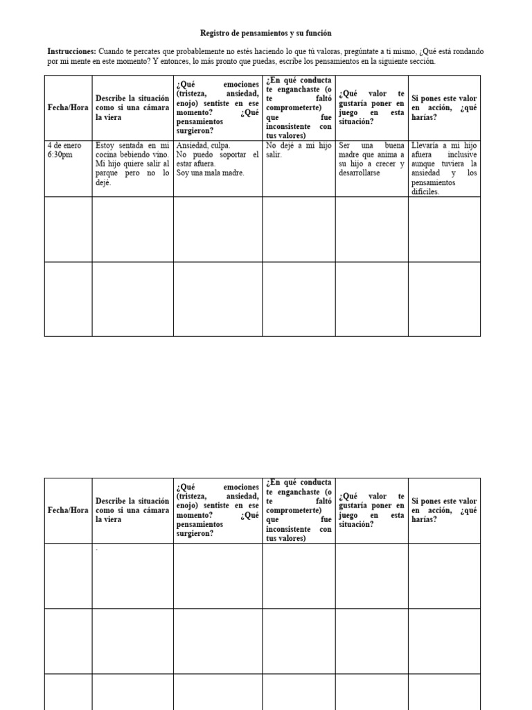Worksheet Functional Thought Diary (Registro de Pensamientos y Su ...