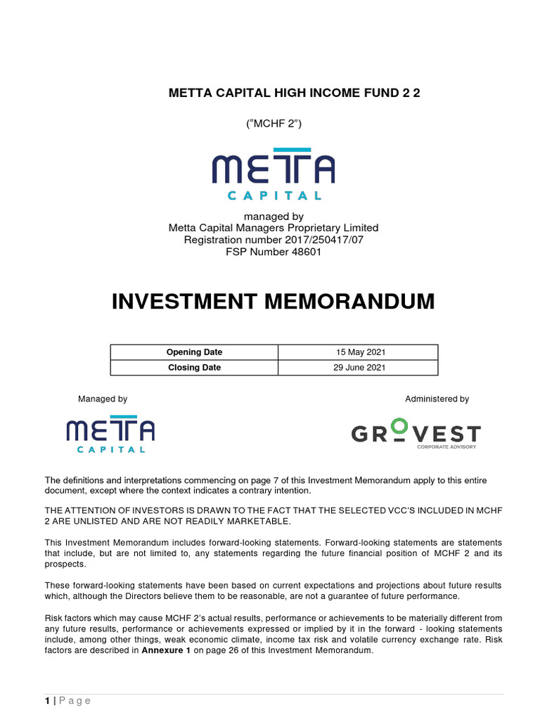 MCHF 2 Investment Memorandum | PDF | Investing | Venture Capital
