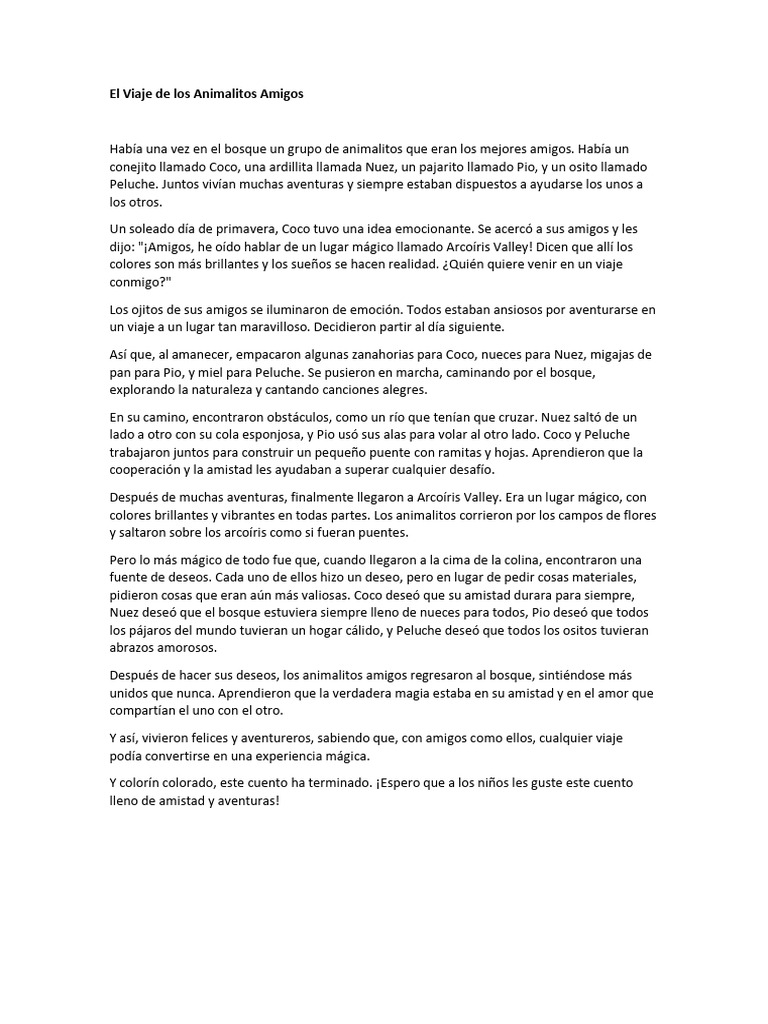 Cuento El Viaje de Los Animalitos Amigos Parte 1 | PDF