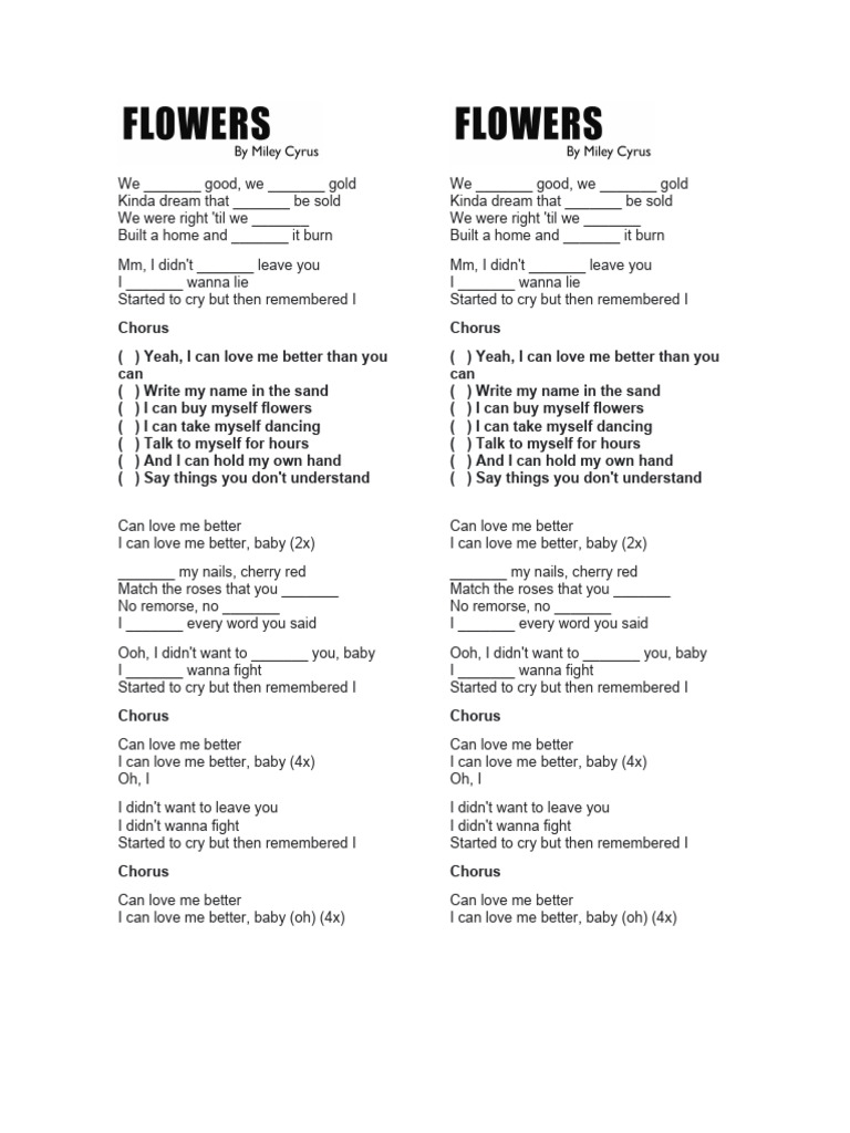 Flowers - Miley Cyrus SONG ACTIVITY | PDF | Language Arts & Discipline