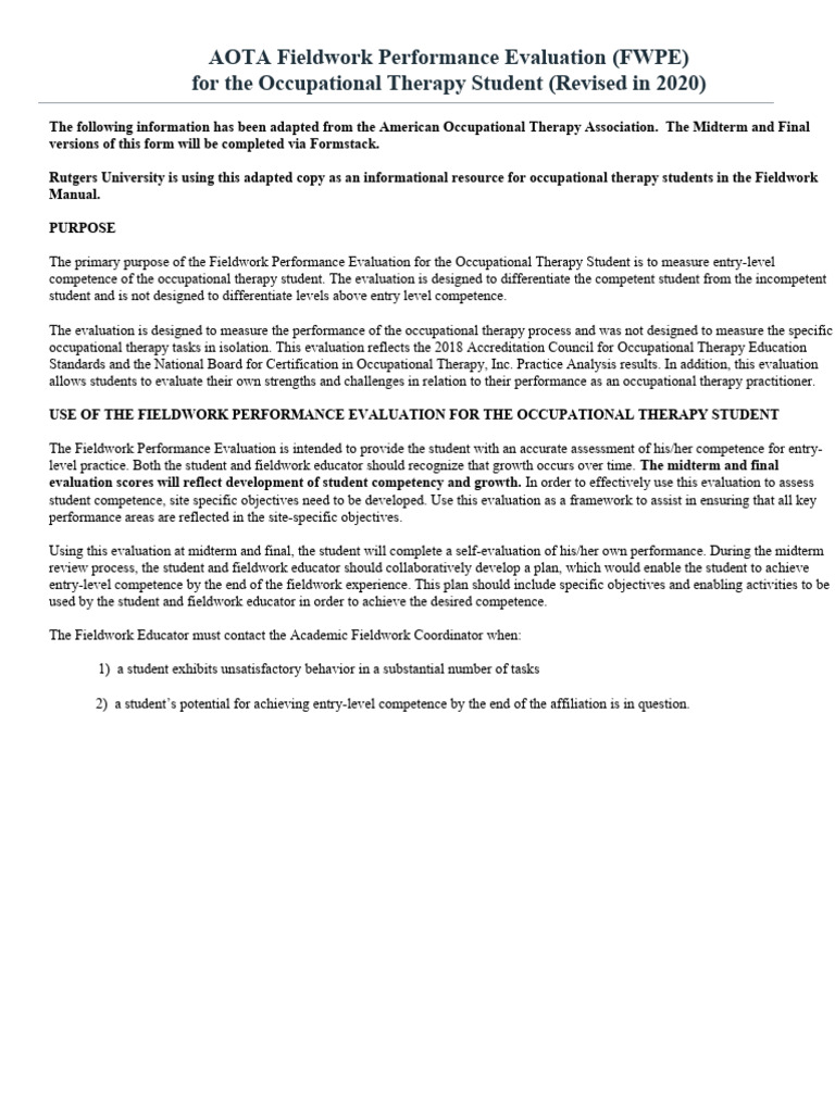 Fieldwork Performance Evaluation for OT Students | PDF | Occupational ...
