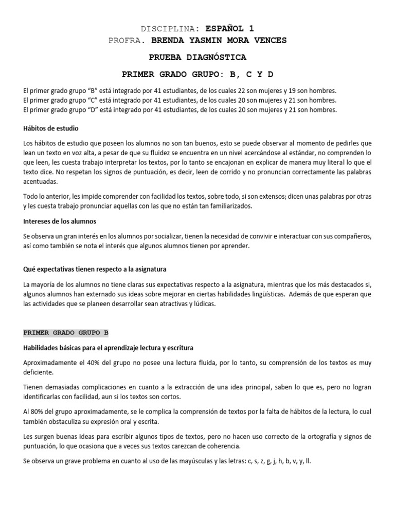 DIAGNOSTICO ESPAÑOL 1° | PDF