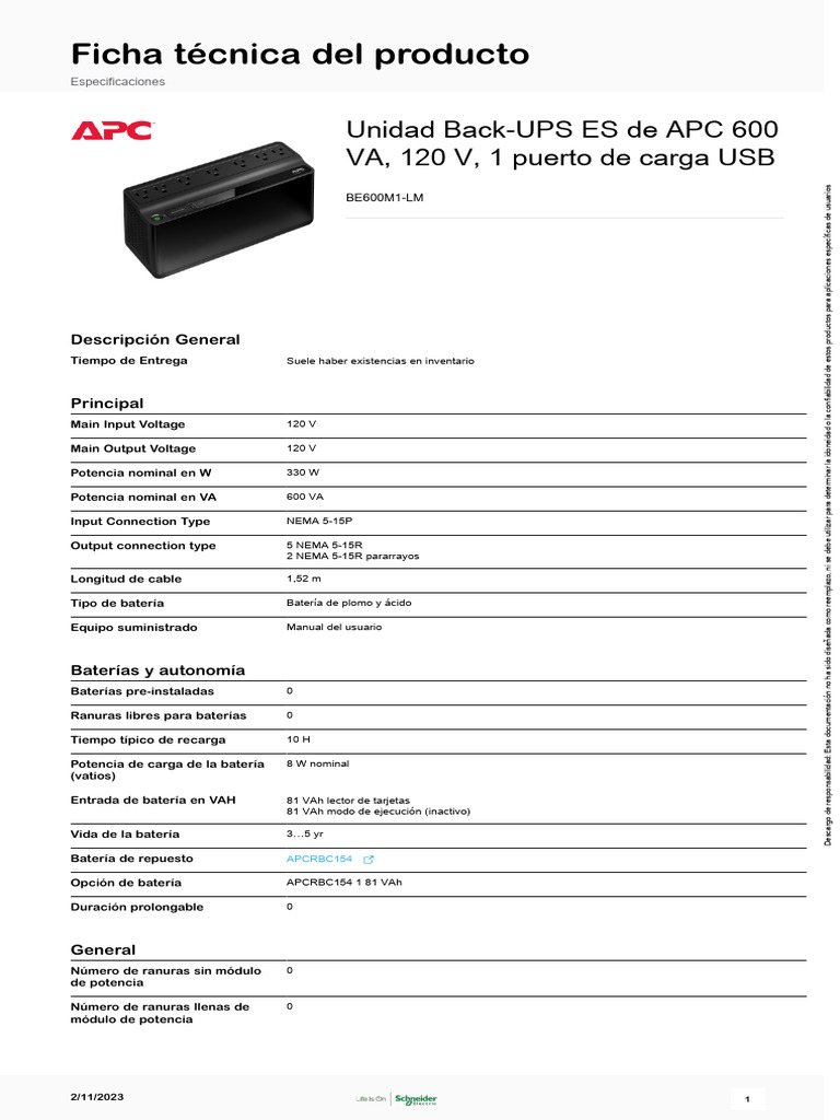 Ficha técnica APC Back-UPS BE600M1 | PDF | Naturaleza | Cantidades fisicas