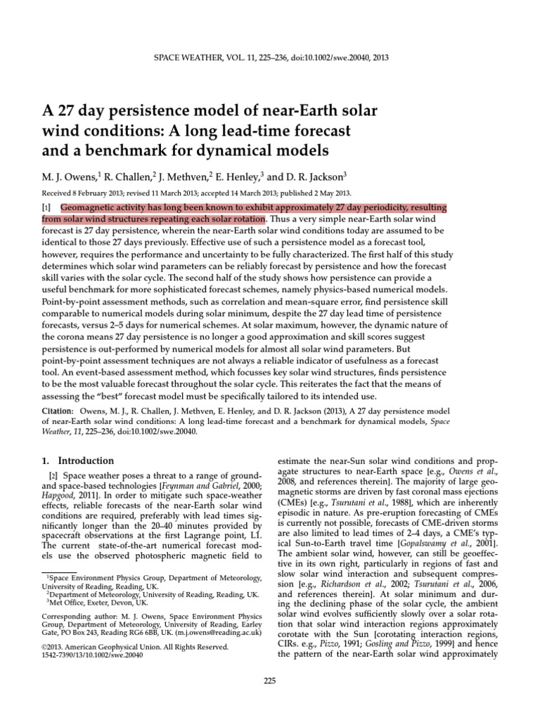 Dr. 2013 - Owens - A 27 Day Persistence Model of Near Earth Solar Wind Conditions A Long Lead ...