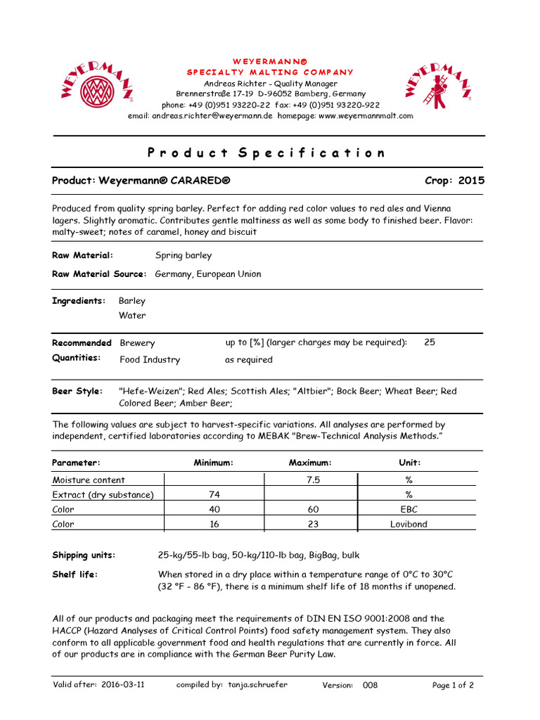 Weyermann CARARED Specification | PDF | Beer | Fermented Drinks