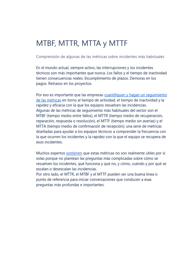MTBF, MTTR, MTTA y MTTF | PDF
