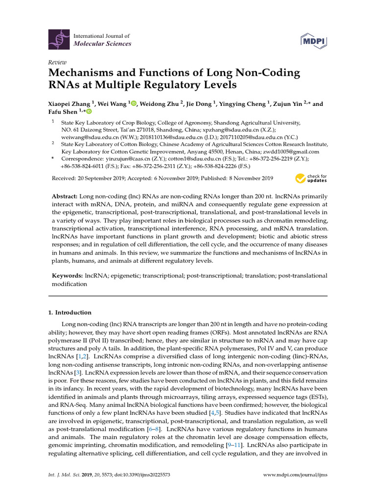 Mechanisms and Functions of Long Non-Coding RNAs A | PDF | Regulation Of Gene Expression | Histone