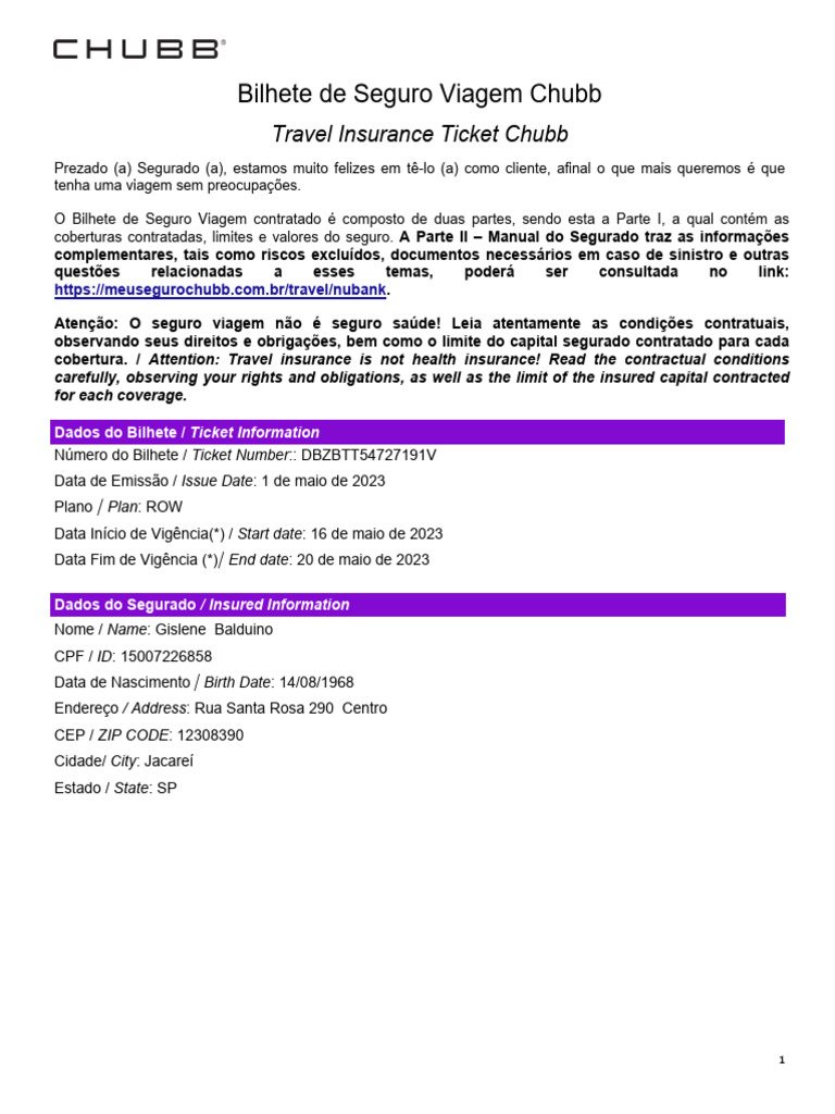 Bilhete de Seguro Viagem Chubb: Travel Insurance Ticket Chubb | PDF ...