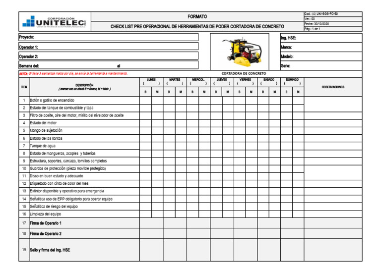 UNI-SGS-FO-59 Check List de Inspección Cortadora de Concreto Ver. 00 | PDF