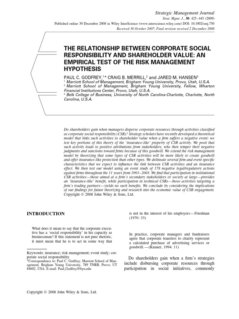 Strategic Management Journal - 2009 - Godfrey - The Relationship Between Corporate Social ...