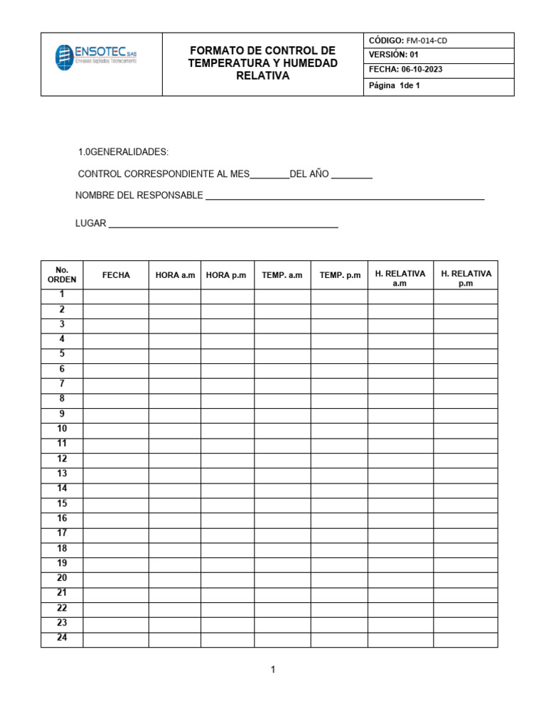 Formato Control Temperatura y Humedad | PDF