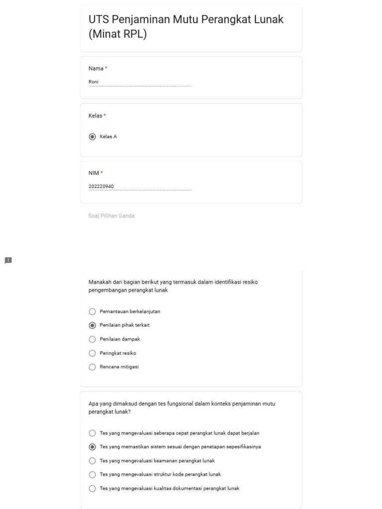 UTS Penjaminan Mutu Perangkat Lunak (Minat RPL) | PDF
