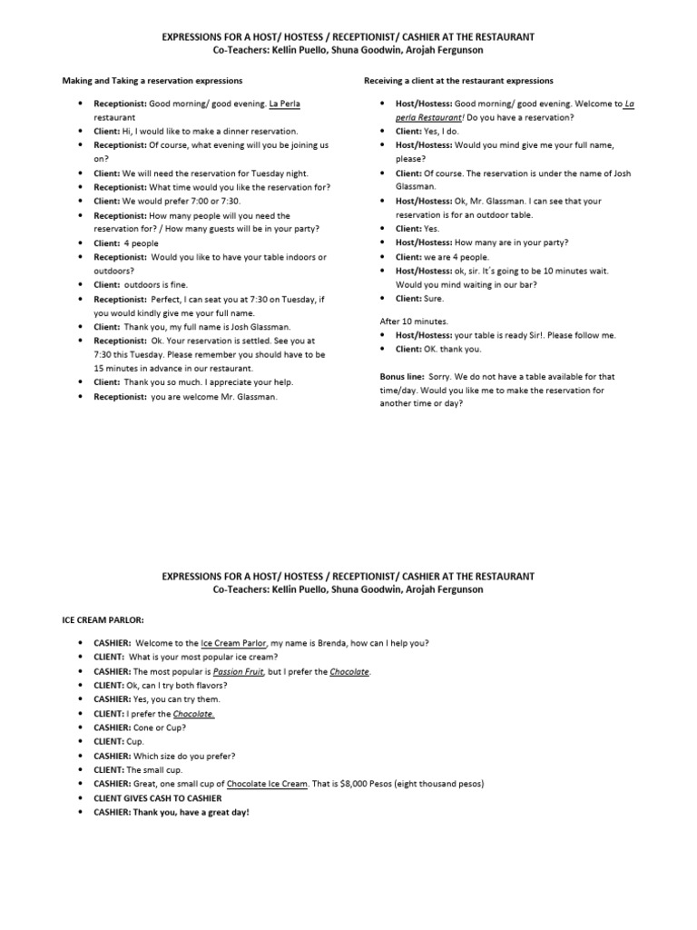 Restaurant Host/Hostess & Cashier Scripts | PDF | Cooking, Food & Wine