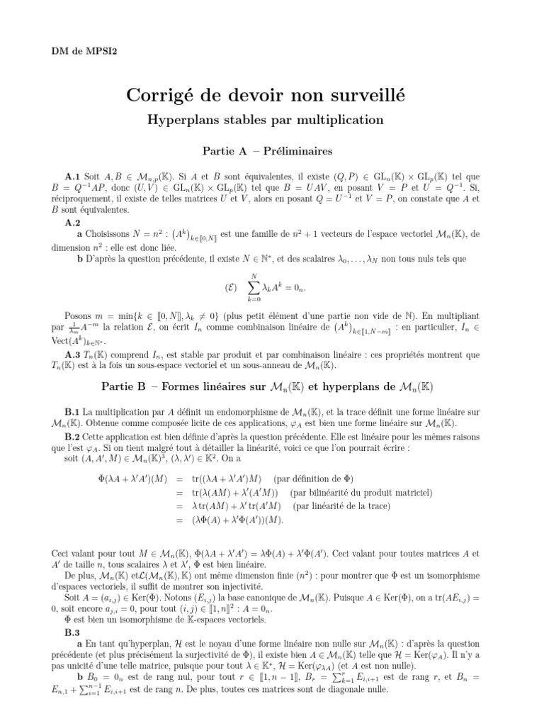 Corrig e de Devoir Non Surveill E: Hyperplans Stables Par Multiplication | PDF