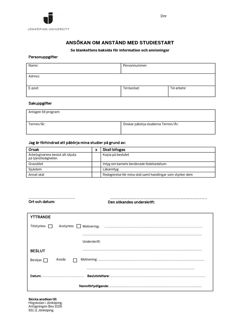 Ansökan Om Anstånd Med Studiestart | PDF