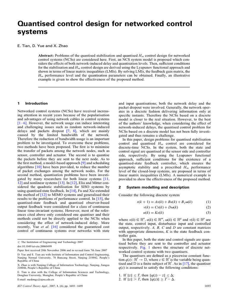 E Tian 2007 Quantised Control Design For Networked Control Systems Pdf Control Theory