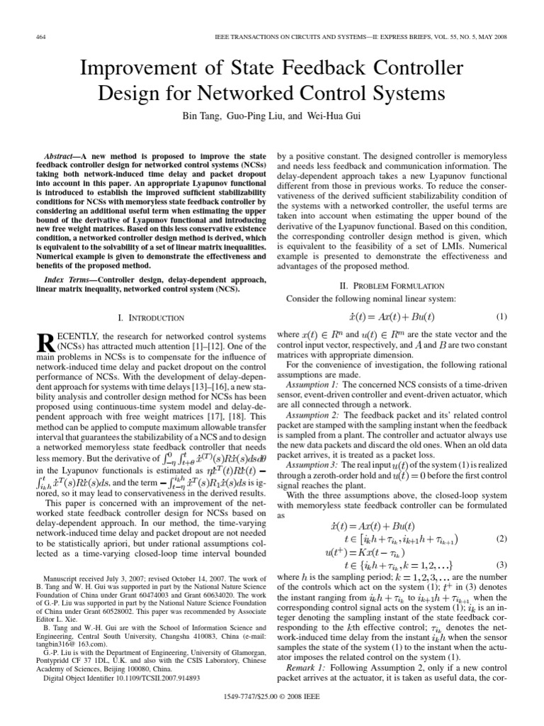 Bin Tang 2008 Improvement of State Feedback Controller Design For Networked Control Systems | PDF