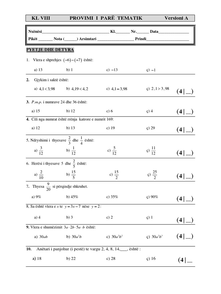KL Viii Provimi I Parë Tematik Versioni A: Pyetje Dhe Detyra | PDF