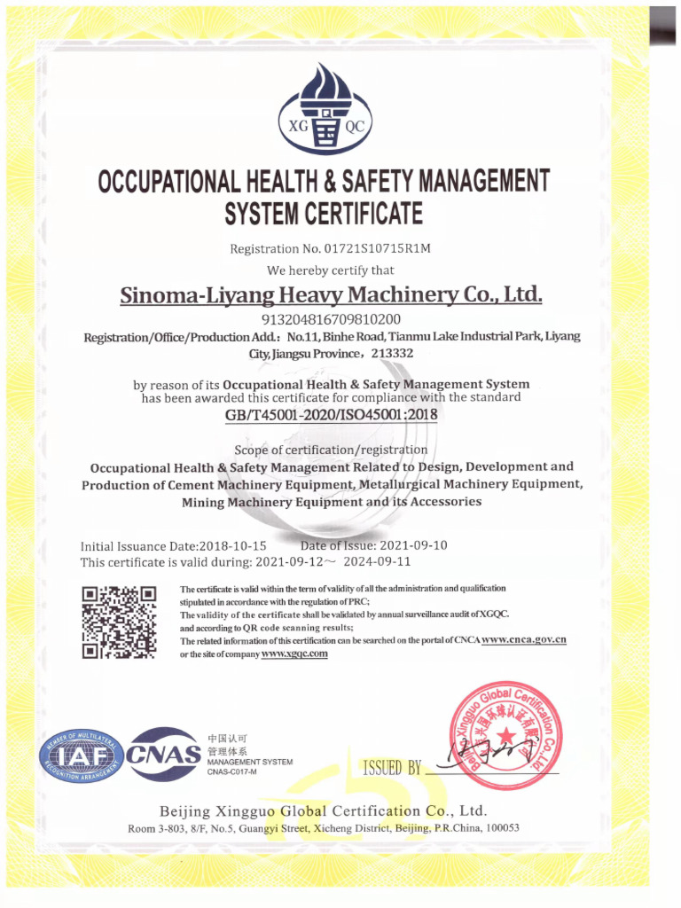 Occupational Health & Safety Management System Certificate | PDF
