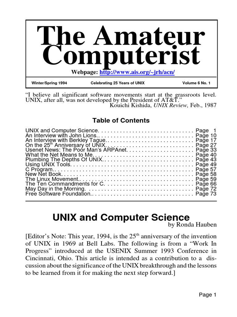 UNIX and Computer Science ACN6-1 - One - Column | PDF | Operating ...