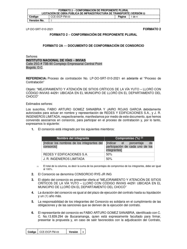 Formato 2 Conformacion de Proponente Plural | PDF