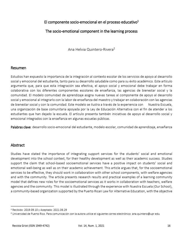 El Componente Socio-Emocional en El Proceso Educativo The Socio-Emotional Component in The ...