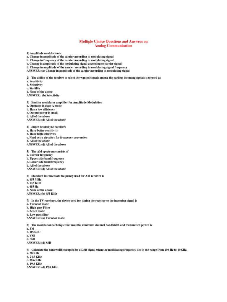 Analog Modulation Quastion | PDF | Frequency Modulation | Detector (Radio)