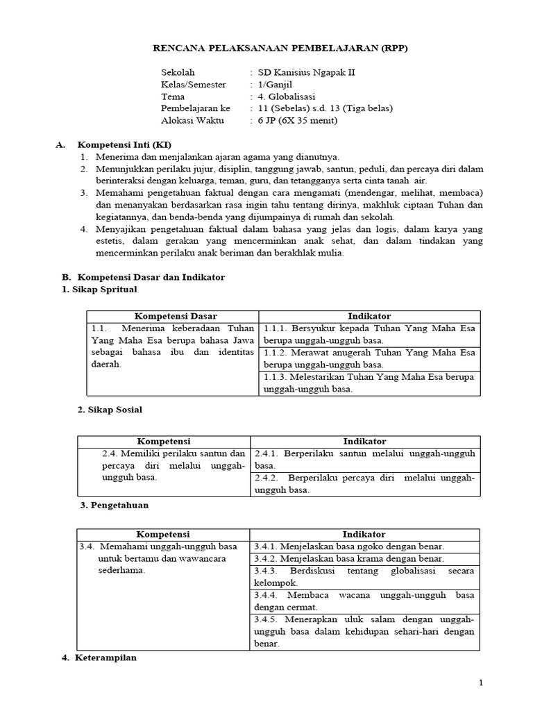 RPP Bahasa Jawa 4 TAHUN 2023 | PDF