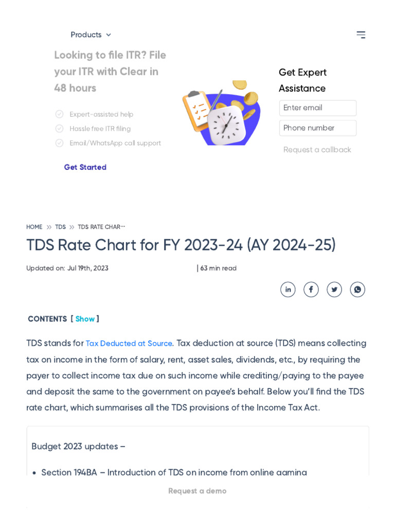 TDS Rate Chart For FY 2023-24 (AY 2024-25) | PDF | Capital Gains Tax ...