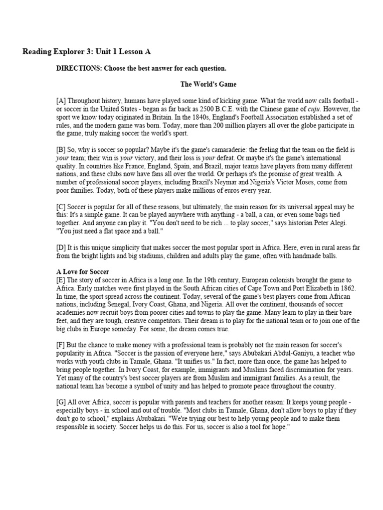 Reading Explorer 3 Unit 1 Lesson A | PDF | Fifa World Cup | Association ...