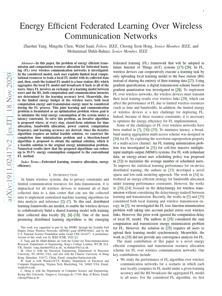 Energy Efficient Federated Learning Over Wireless Pdf Mathematical
