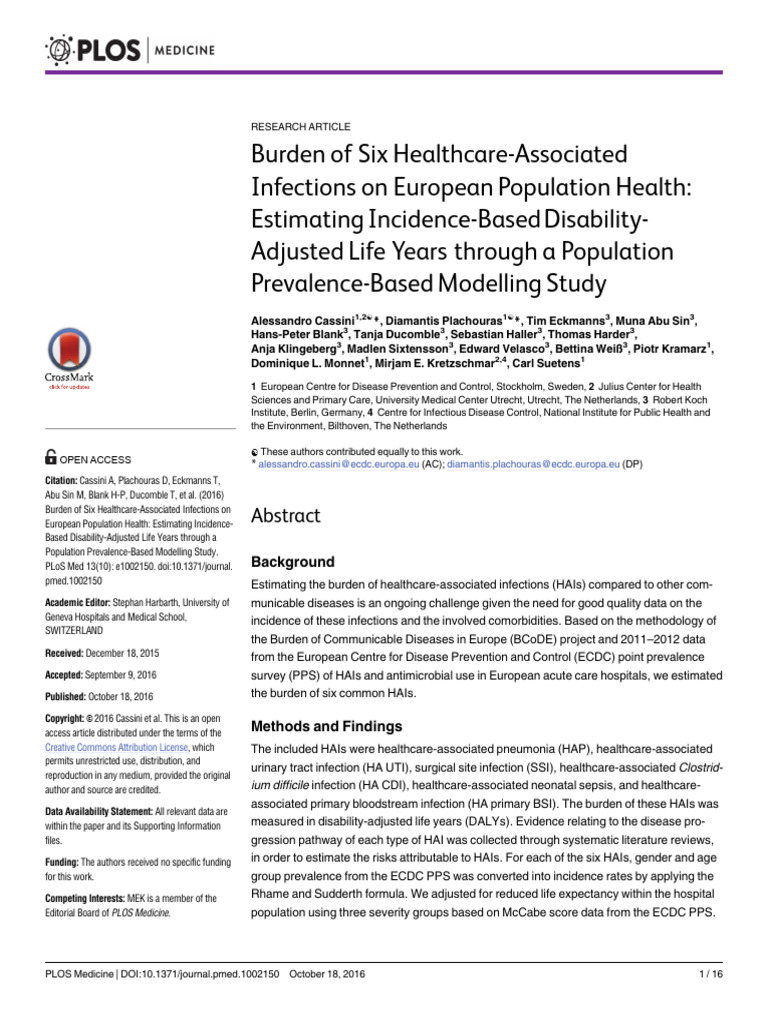 Burden Of Six Healthcare Associated Infections On European Population Health Estimating