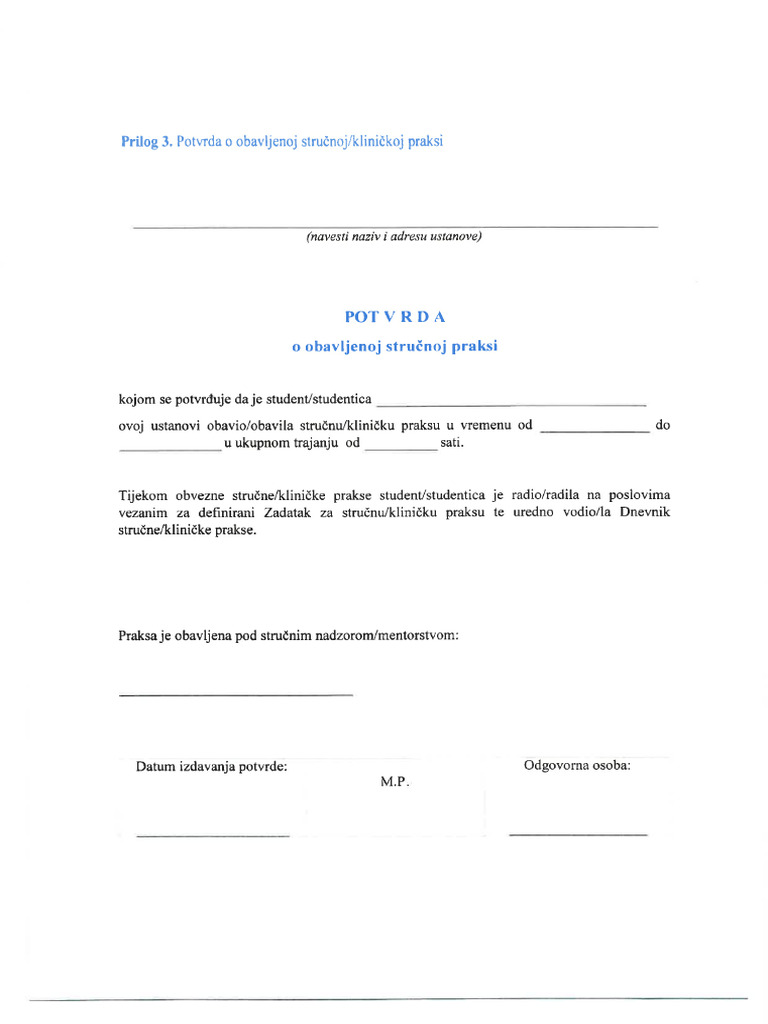 Potvrda o Obavljenoj Stručnoj Praksi | PDF