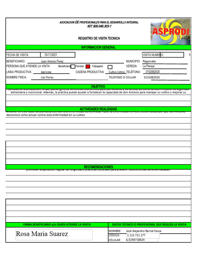 FORMATO REGISTRO DE VISITA TÉCNICA asprodi (AGRICOLA) | PDF | Agricultura
