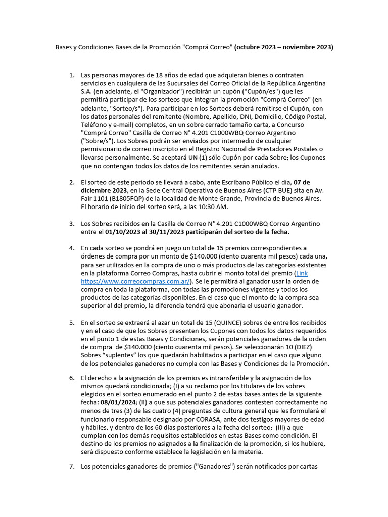 Bases y Condiciones Concurso Compra Correo Octubre-Noviembre 2023 | PDF | Correo | Cupón