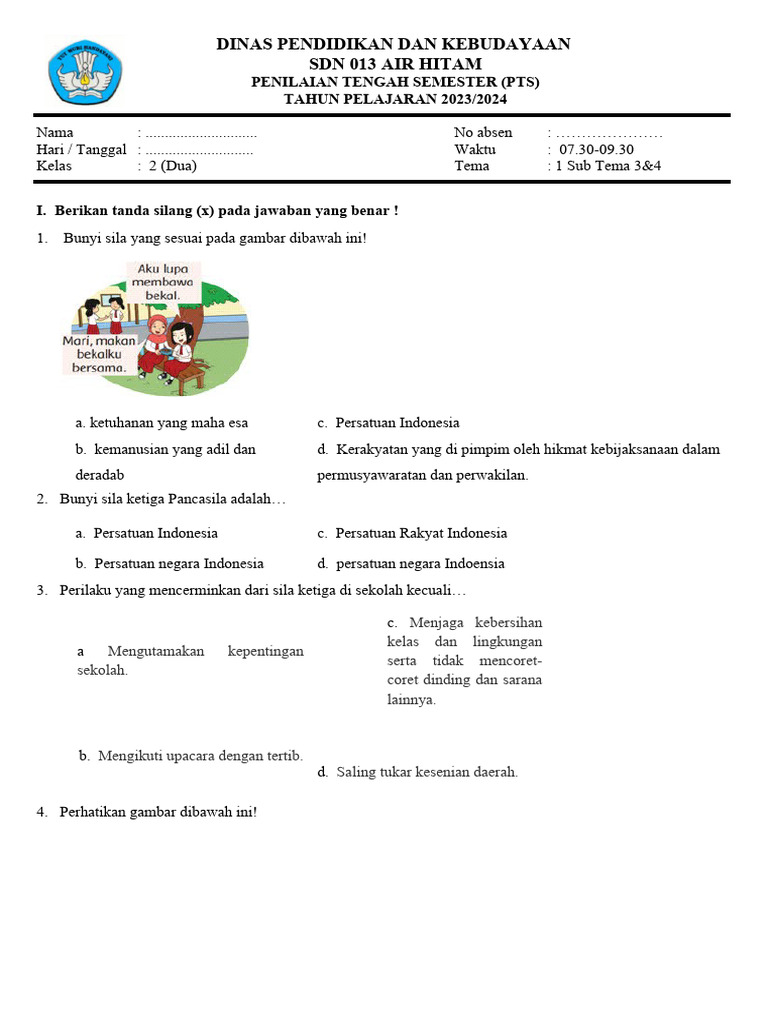 Soal PTS Kelas 2 Tema 1 Sub 3&4 | PDF