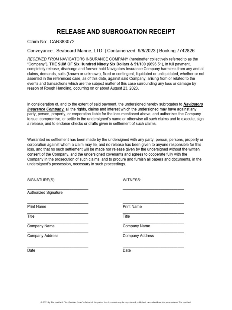 NAVIGATORS Subrogation Receipt For Magaya Insurance | PDF | Subrogation ...