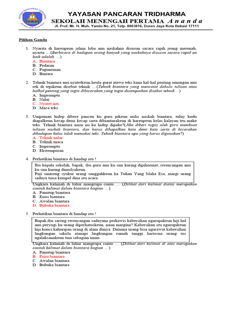 Latihan Soal B.Sunda Kelas 9 Ke1 | PDF