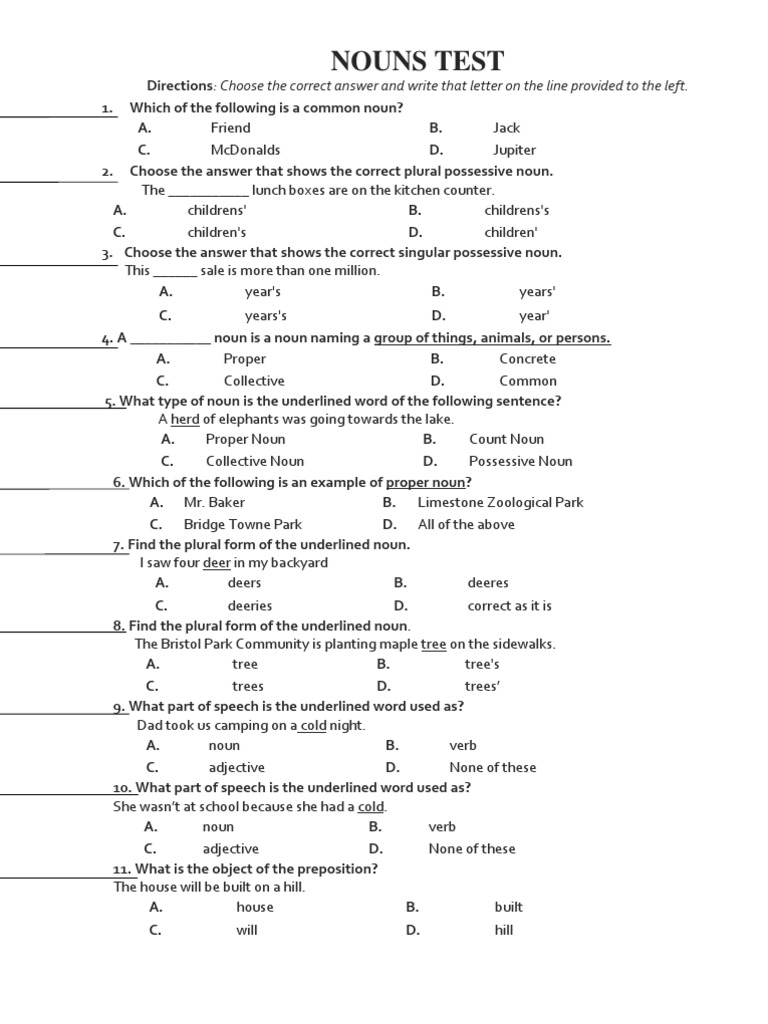 Nouns Test | PDF | Noun | Plural